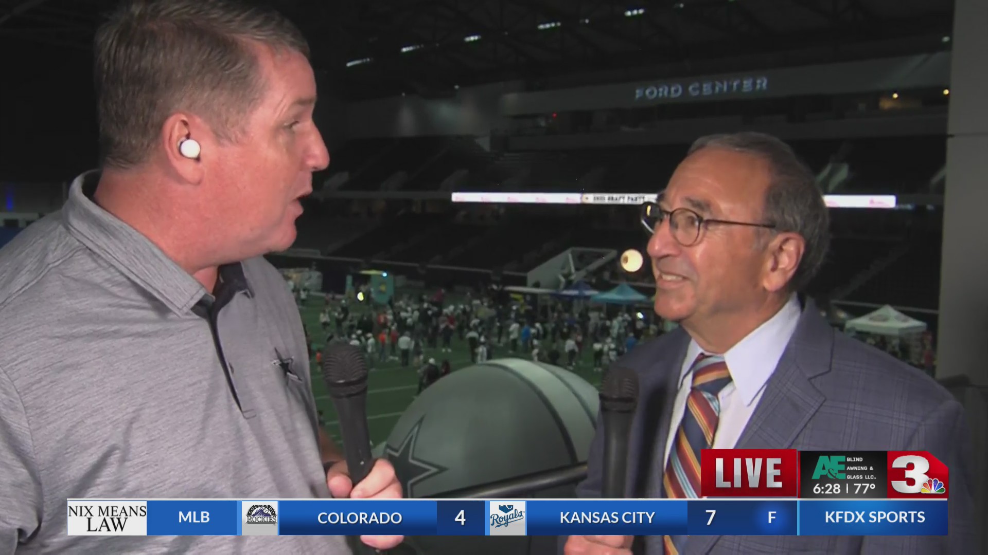 TOBIN MCDUFF MICKEY SPAGNOLA LIVE SHOT 6PM NEWS FIRST ROUND 2025 NFL DRAFT AT THE FORD CENTER ...