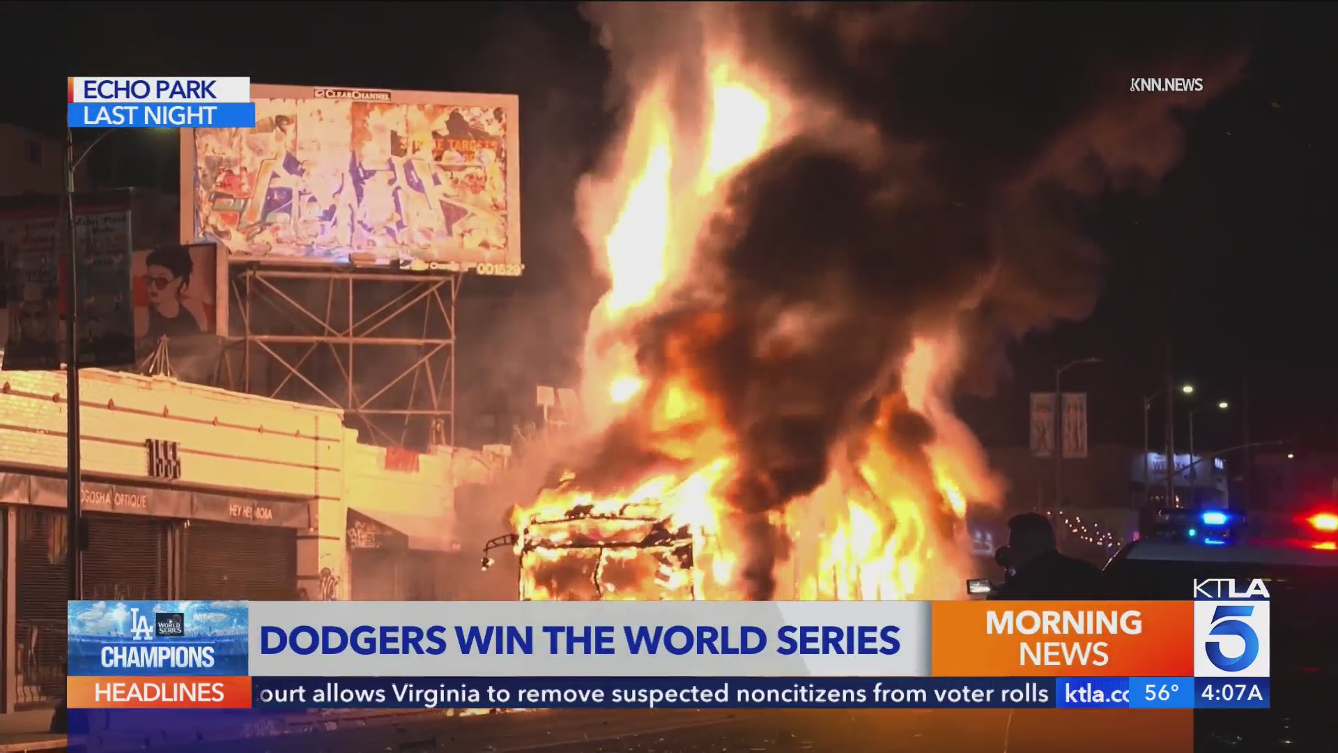 Metro bus set on fire in Echo Park as fans celebrated Dodgers World ...