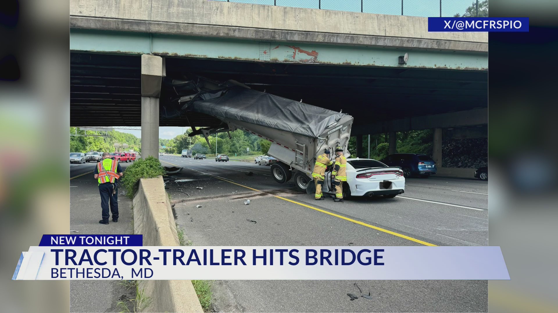 One injured after tractor-trailer hits bridge, car on I-495 in ...
