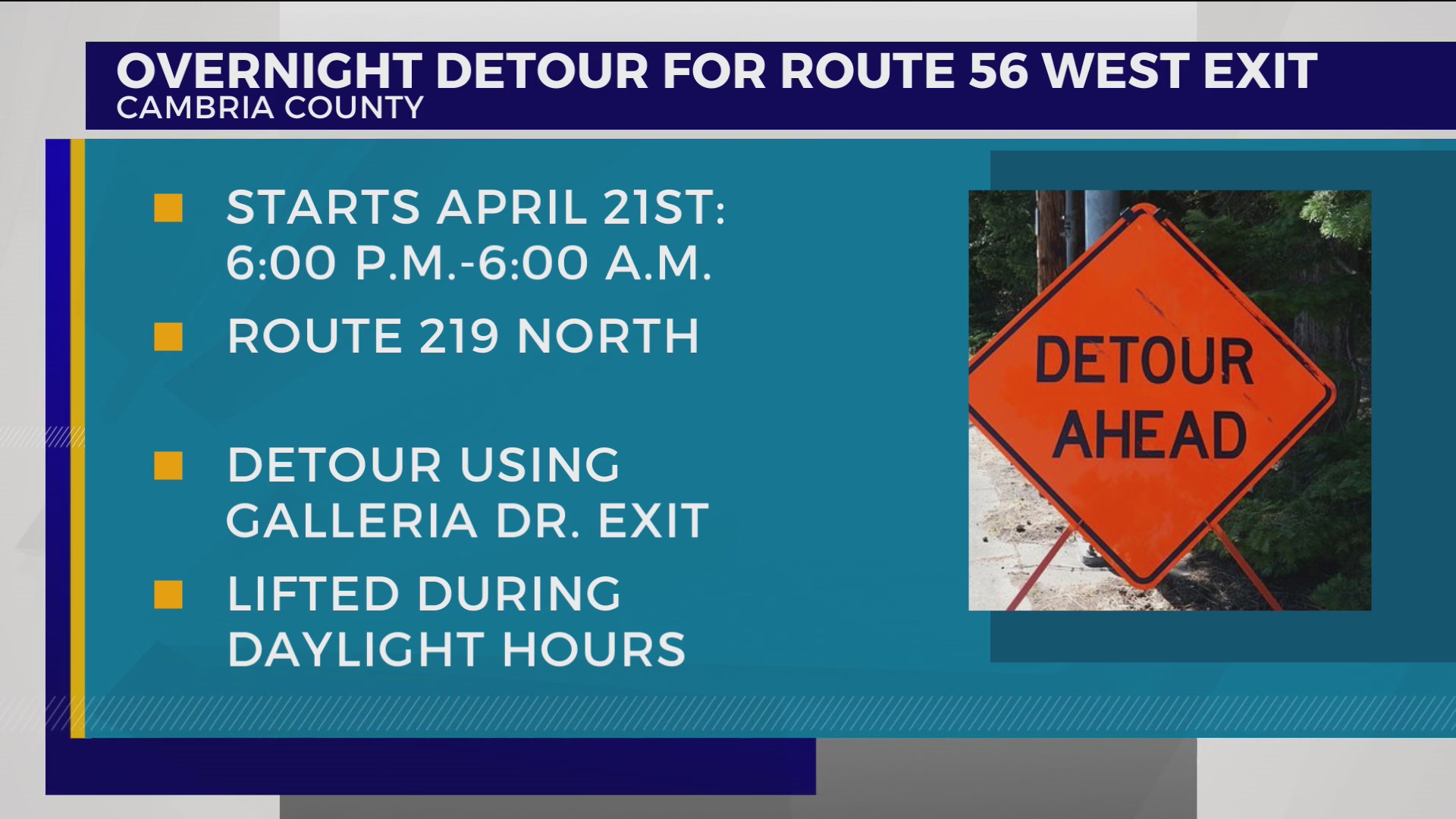 Nighttime detour planned for Route 219 North ramp to Route 56 west – WTAJ – www.wtaj.com
