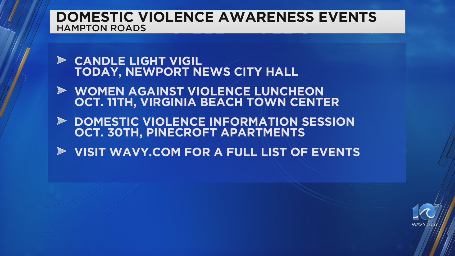 Break the Cycle: Domestic Violence Awareness Month events – WAVY.com