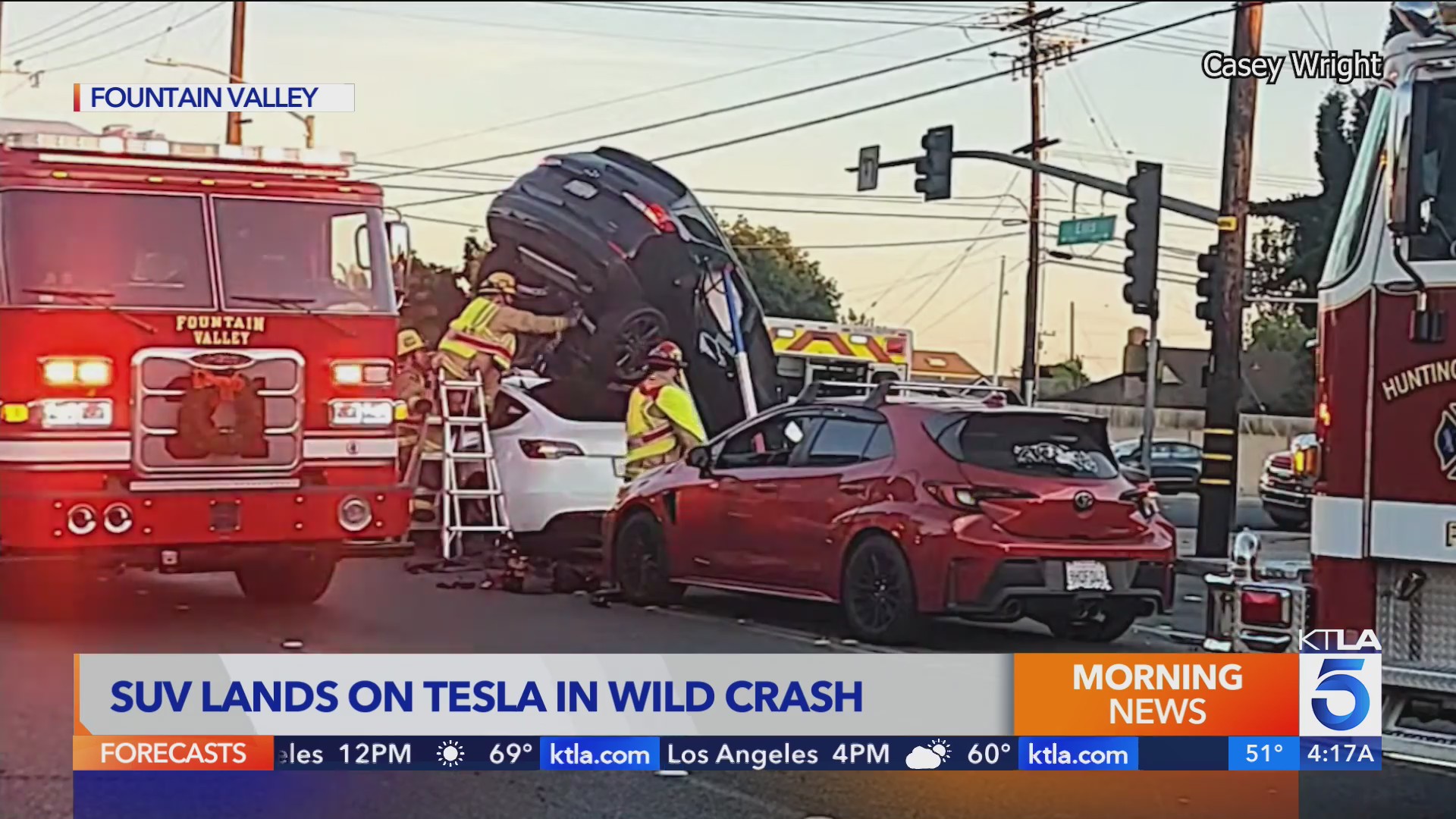 SUV lands on Tesla during wild Fountain Valley crash – KTLA