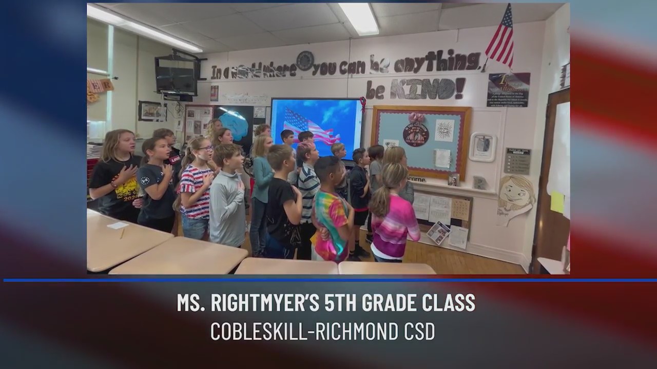 Ms. Rightmyer’s 5th grade class gives us our daily Pledge of Allegiance ...
