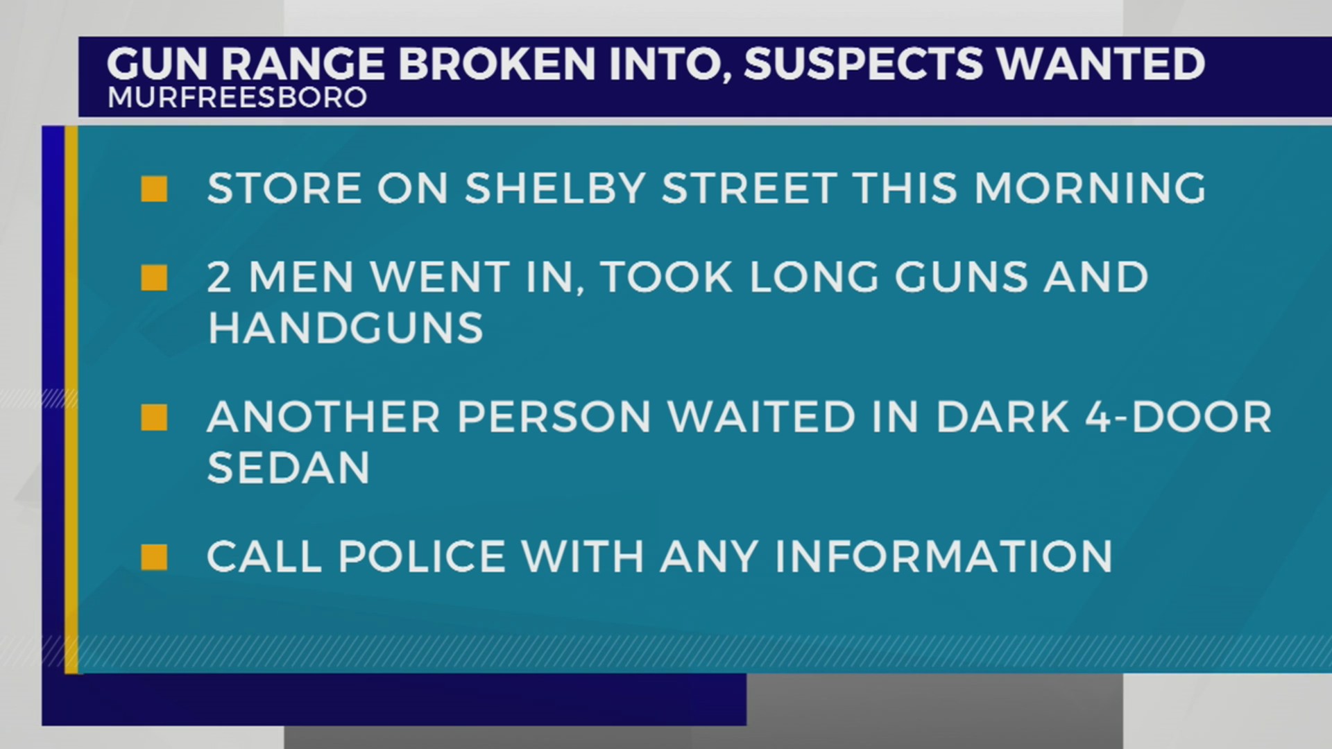 Suspects sought for ramming car into Murfreesboro gun shop, stealing ...