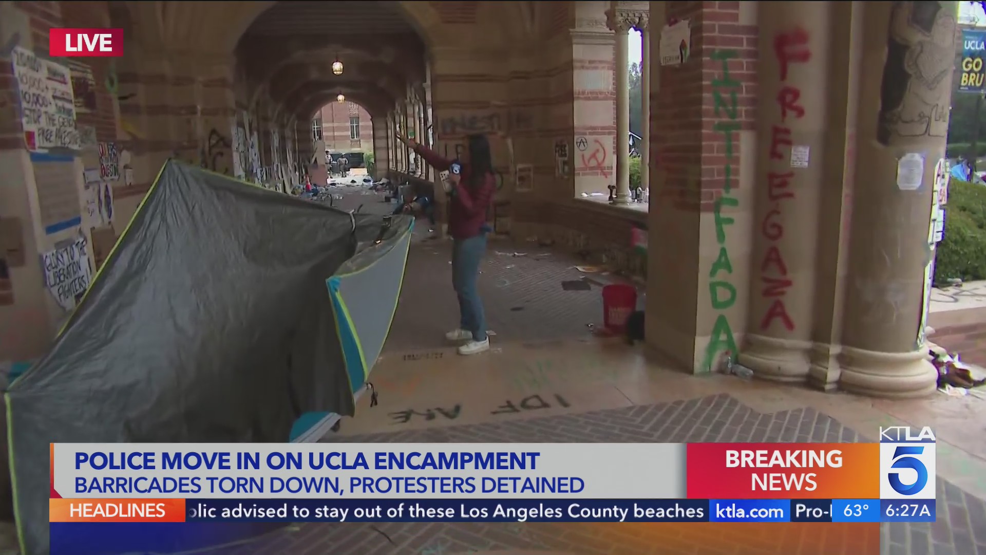 Pro-Palestinian demonstrators leave UCLA buildings vandalized, covered ...