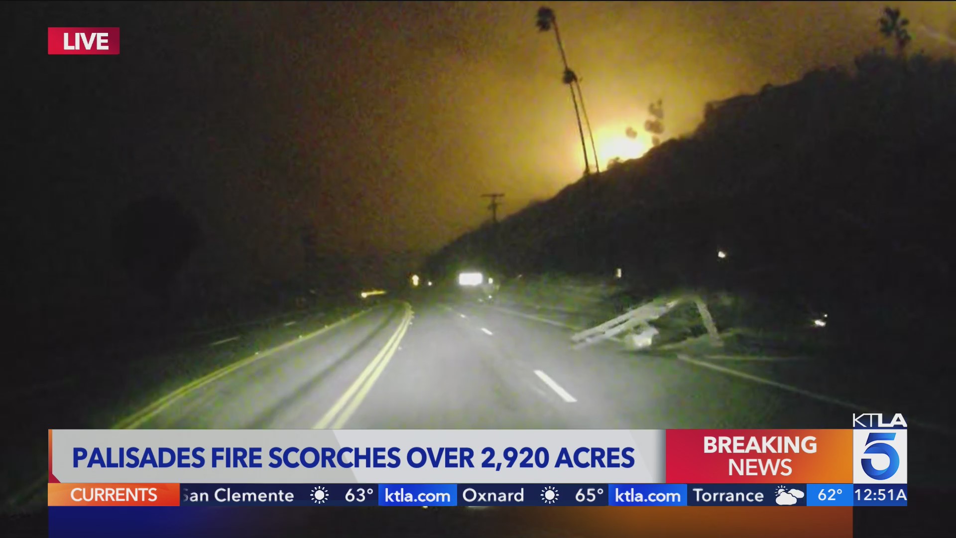 Palisades Fire: Utility pole, debris and flames seen from the Pacific ...