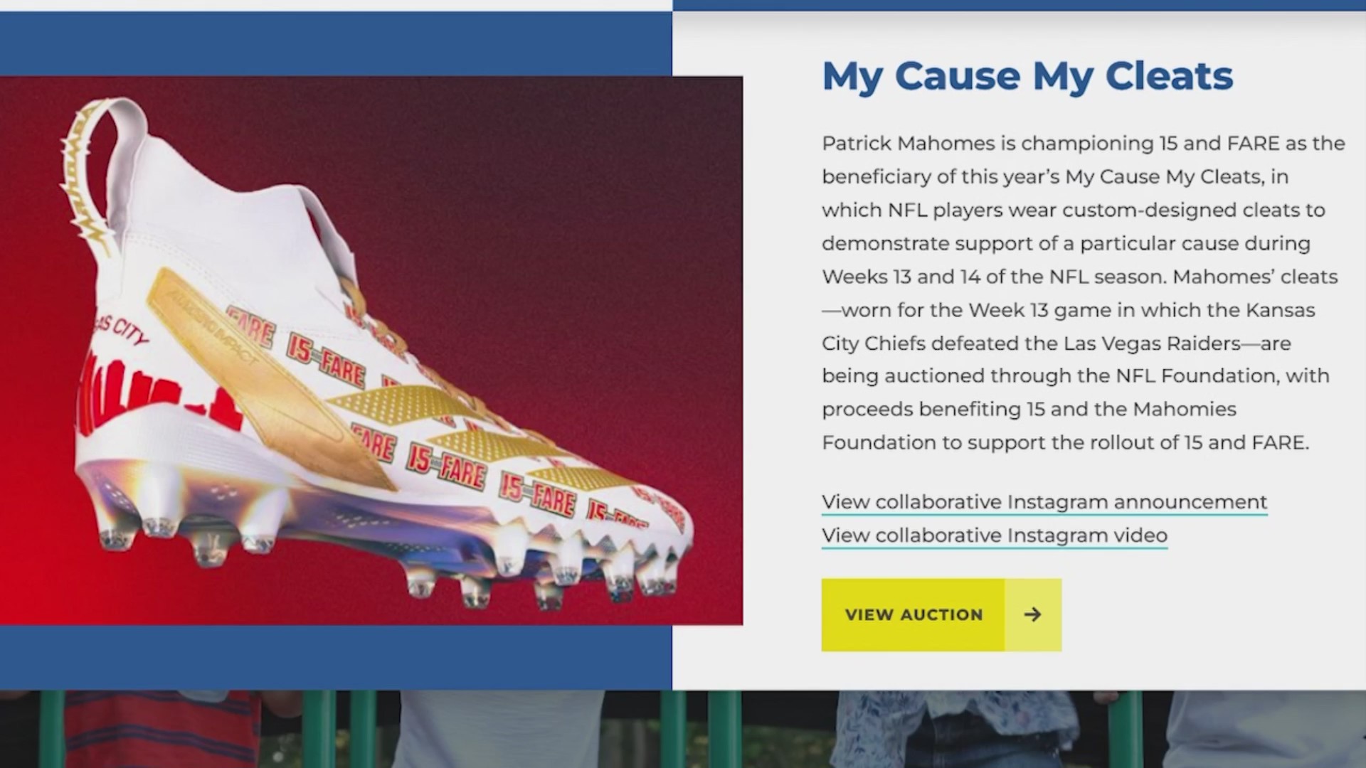 Patrick Mahomes cleats auction proceeds going to FARE and 15 and the ...