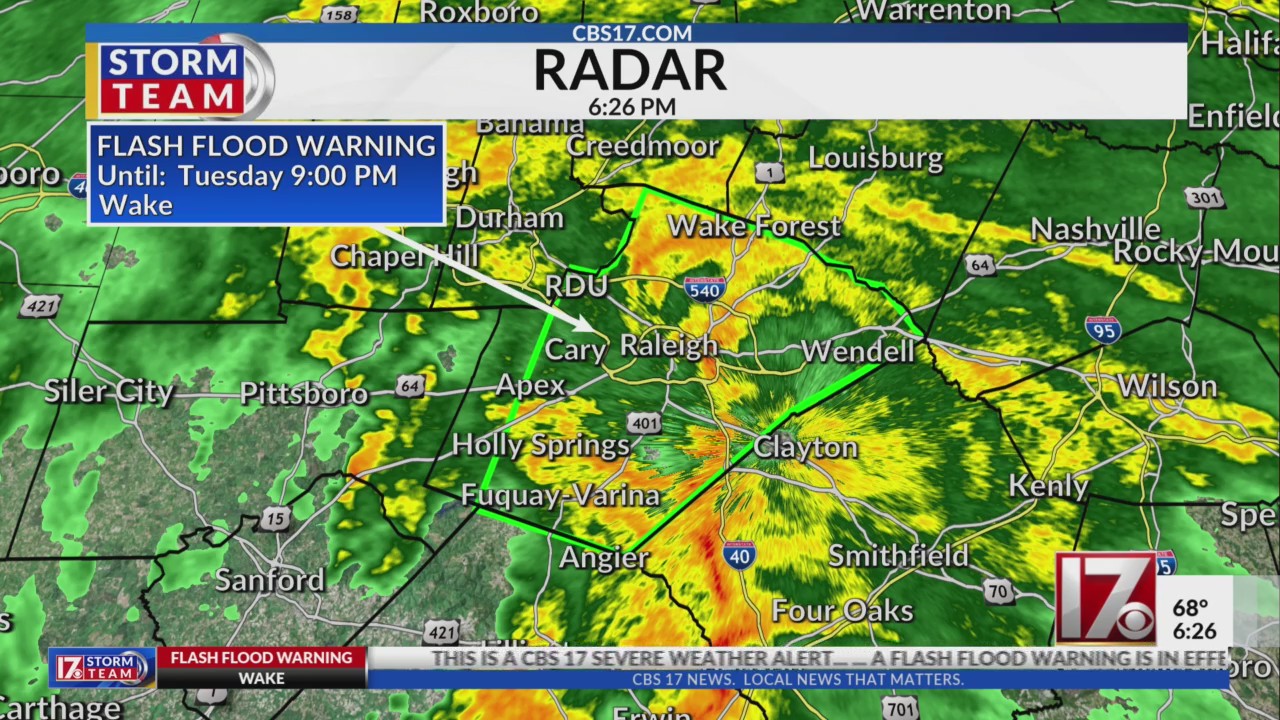 Flash flood warning for Wake County Tuesday night – CBS17.com