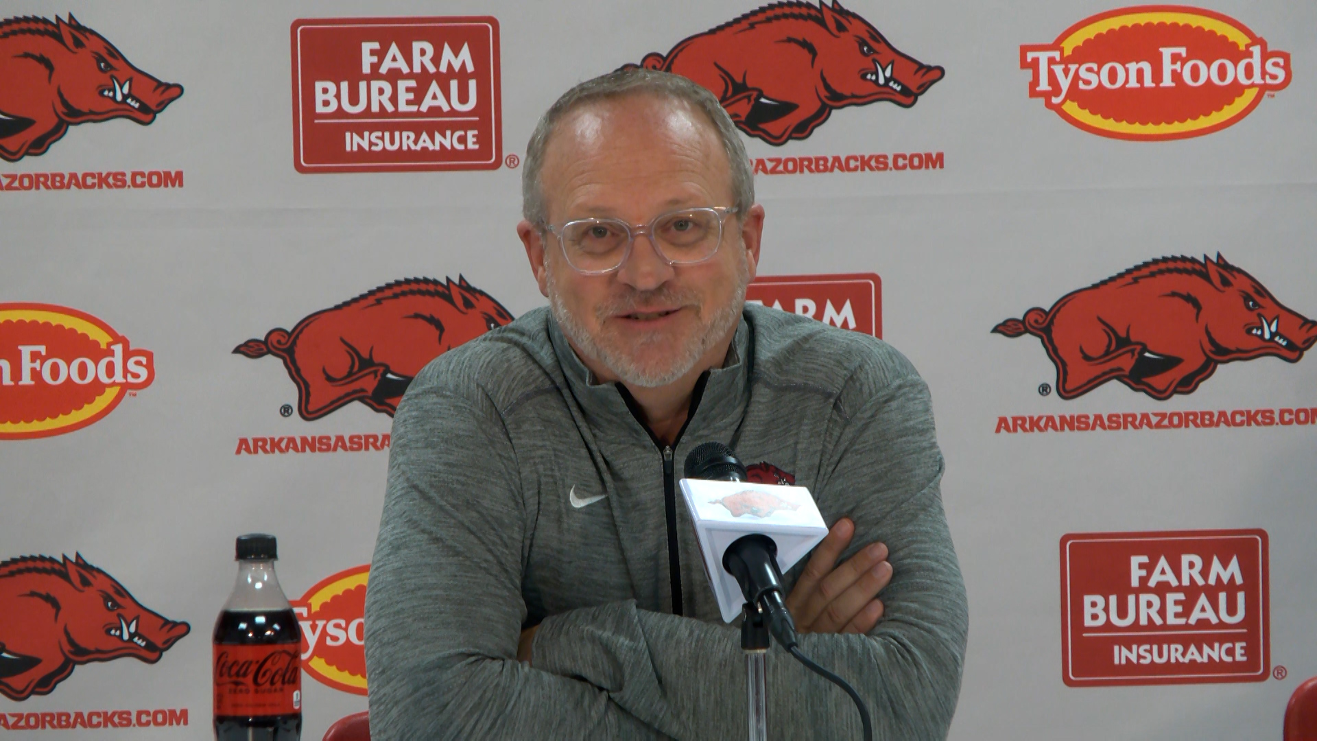 Mike Neighbors speaks to the media following Arkansas’ 84-65 win over ...