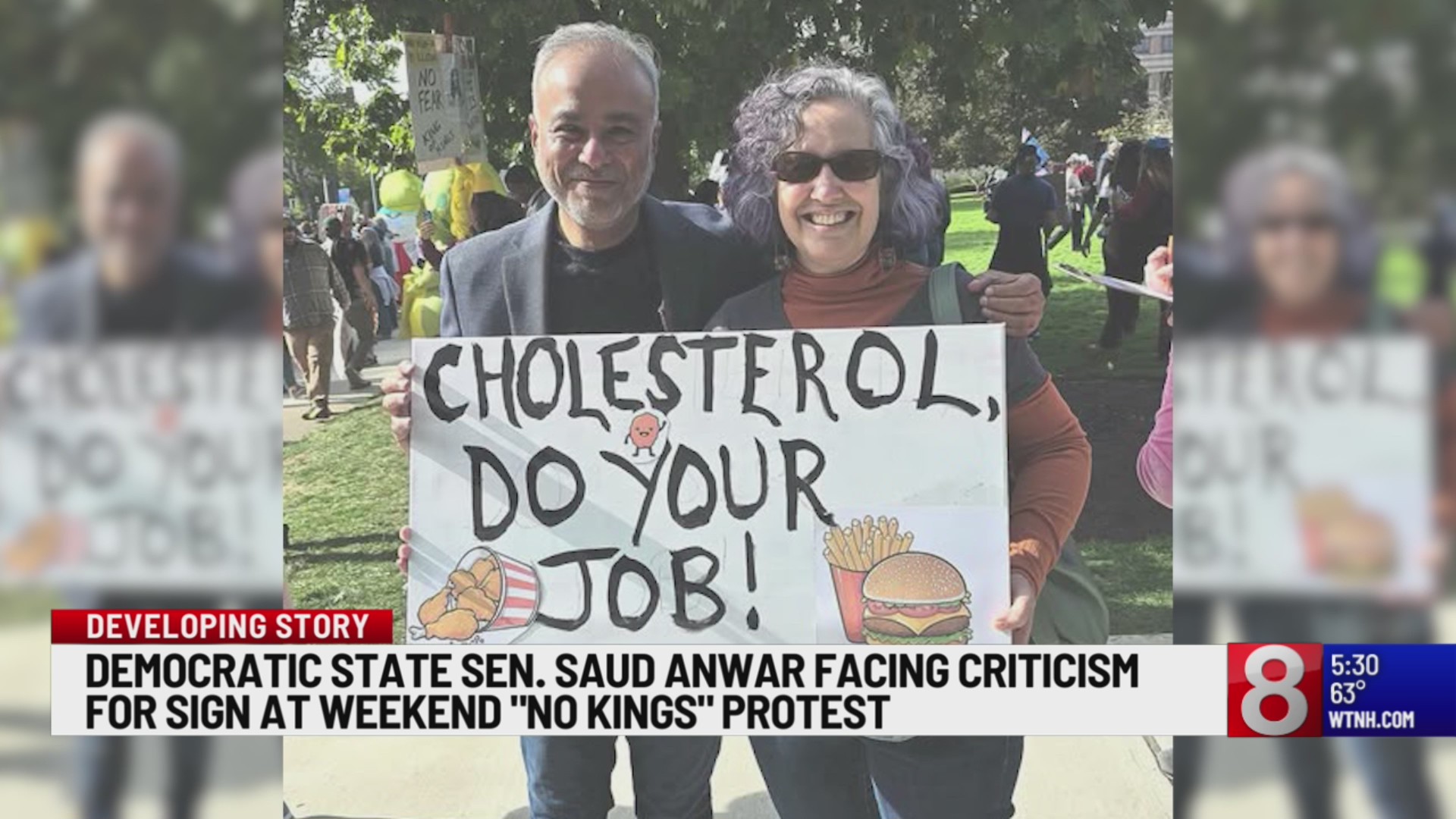 Photo of Connecticut Democratic state senator holding sign at ‘No Kings ...