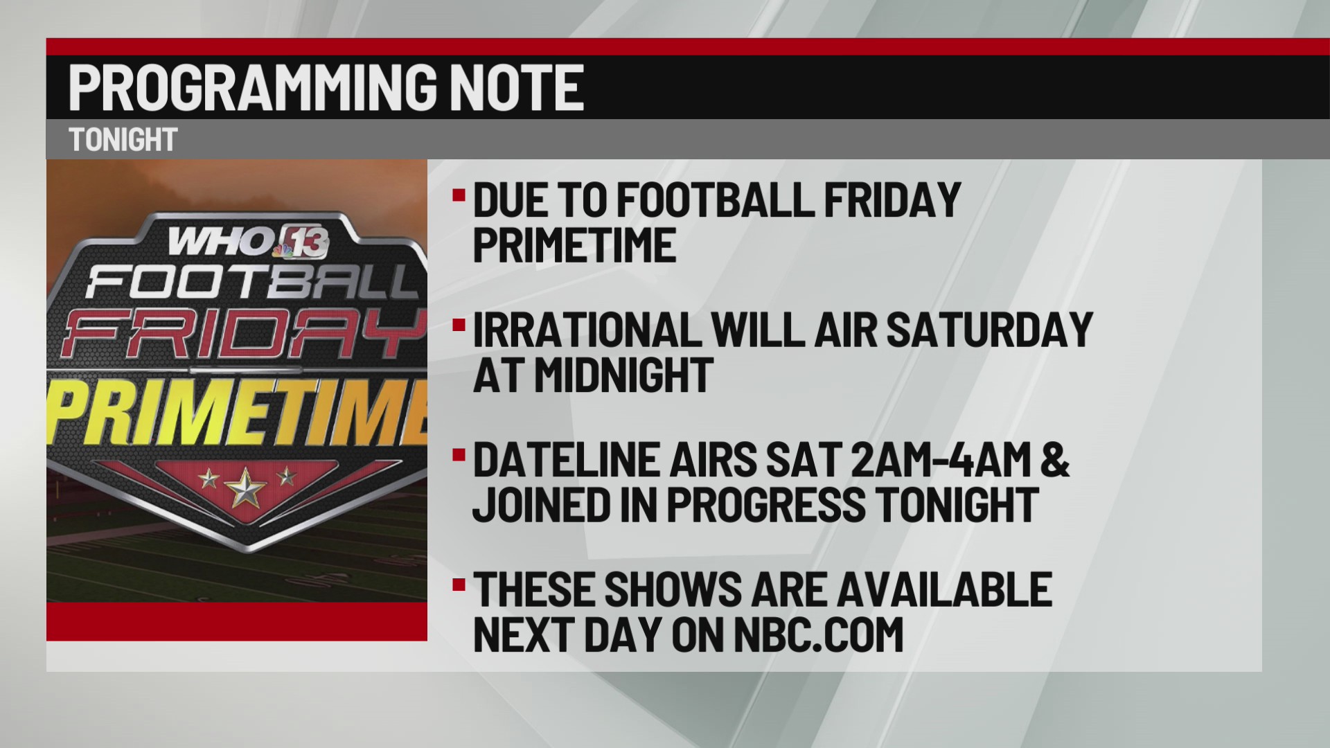 Dateline, Irrational pre-empted by Football Friday Primetime – who13.com