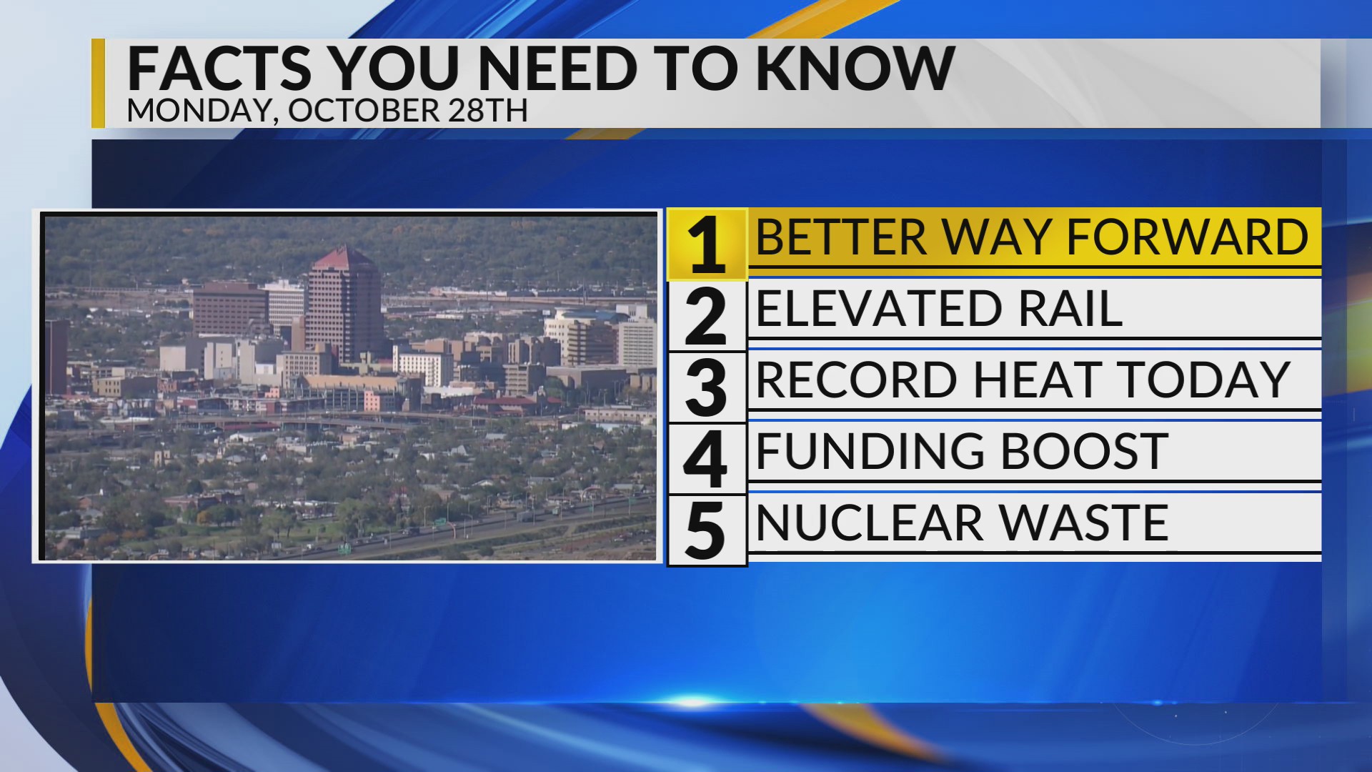 KRQE Newsfeed: Better way forward, Elevated rail, Record heat, Funding ...