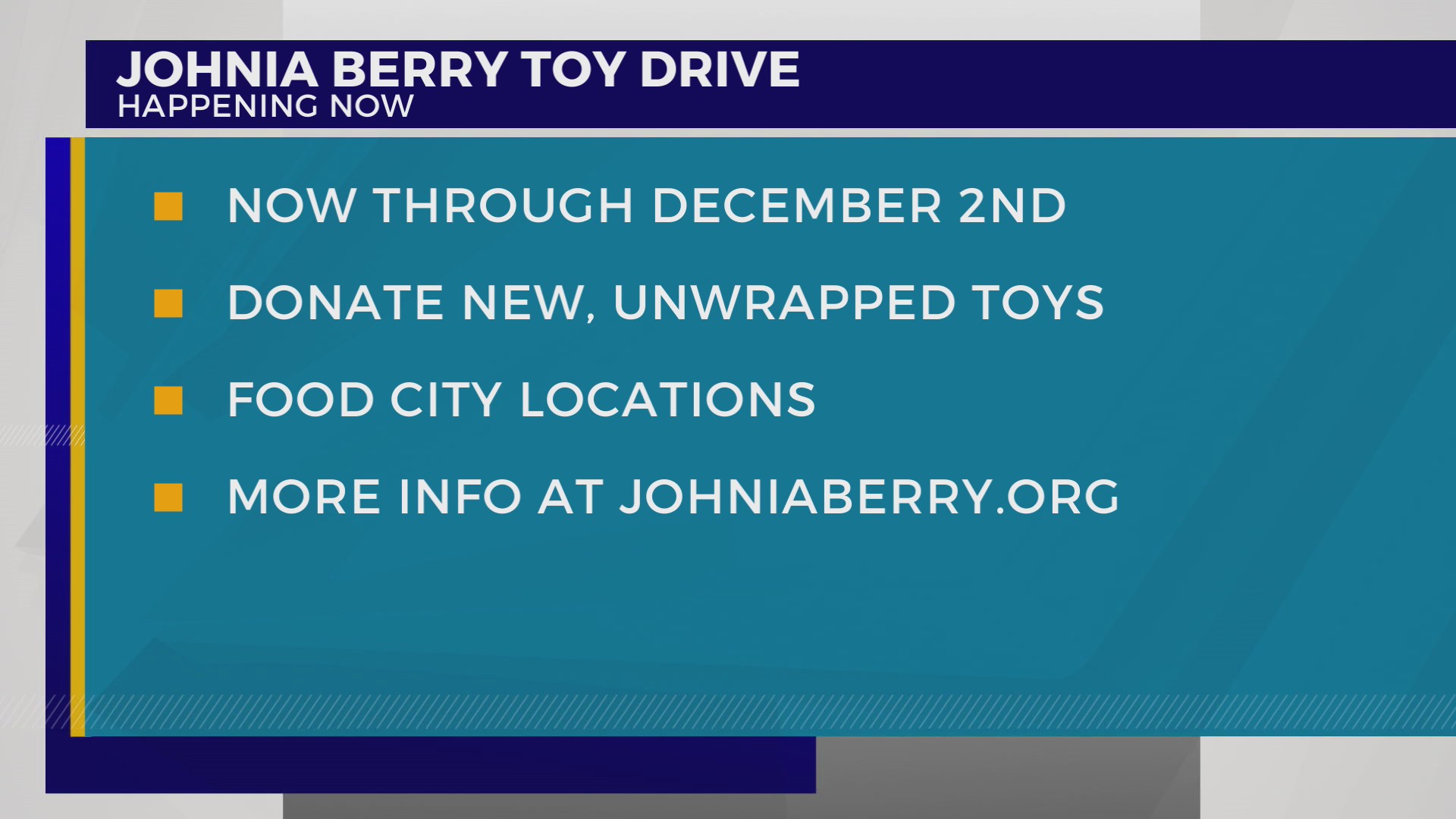 Johnia Berry Toy Drive open until Dec. 2 – WJHL | Tri-Cities News & Weather