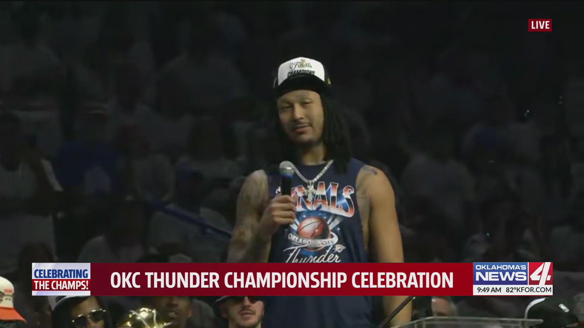 Jaylin Williams speaks at the OKC Thunder Championship Celebration ...