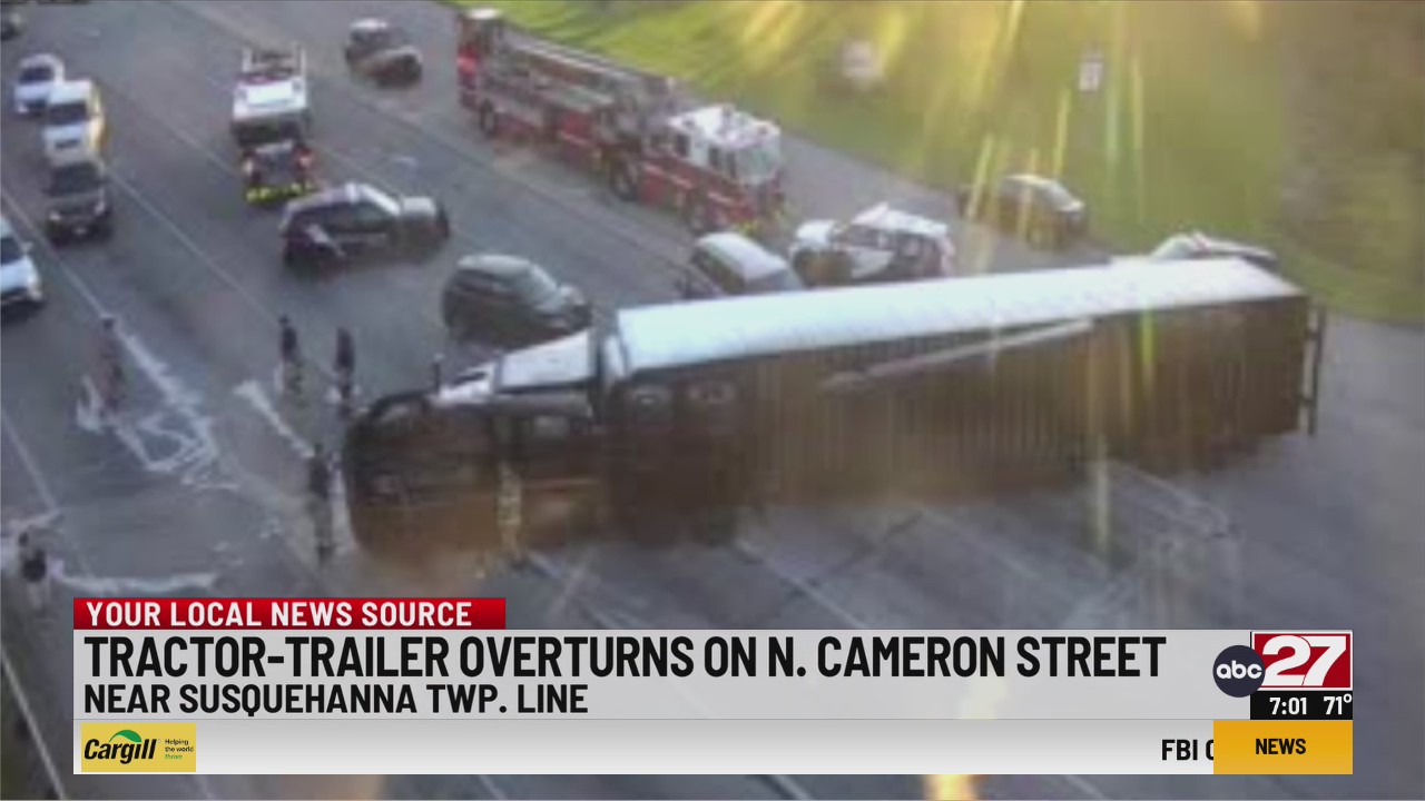 Tractor-trailer overturns, blocking road – ABC27