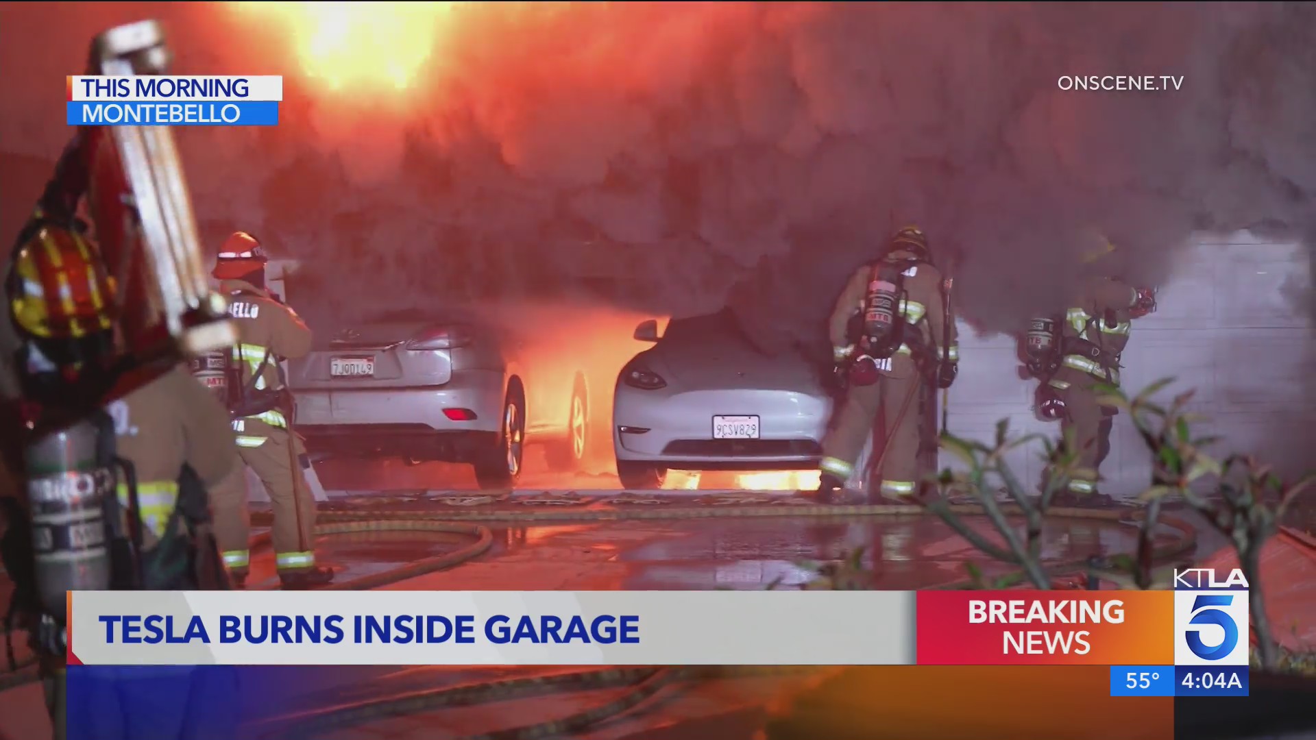 Tesla catches fire, burns inside garage of Montebello home – KTLA