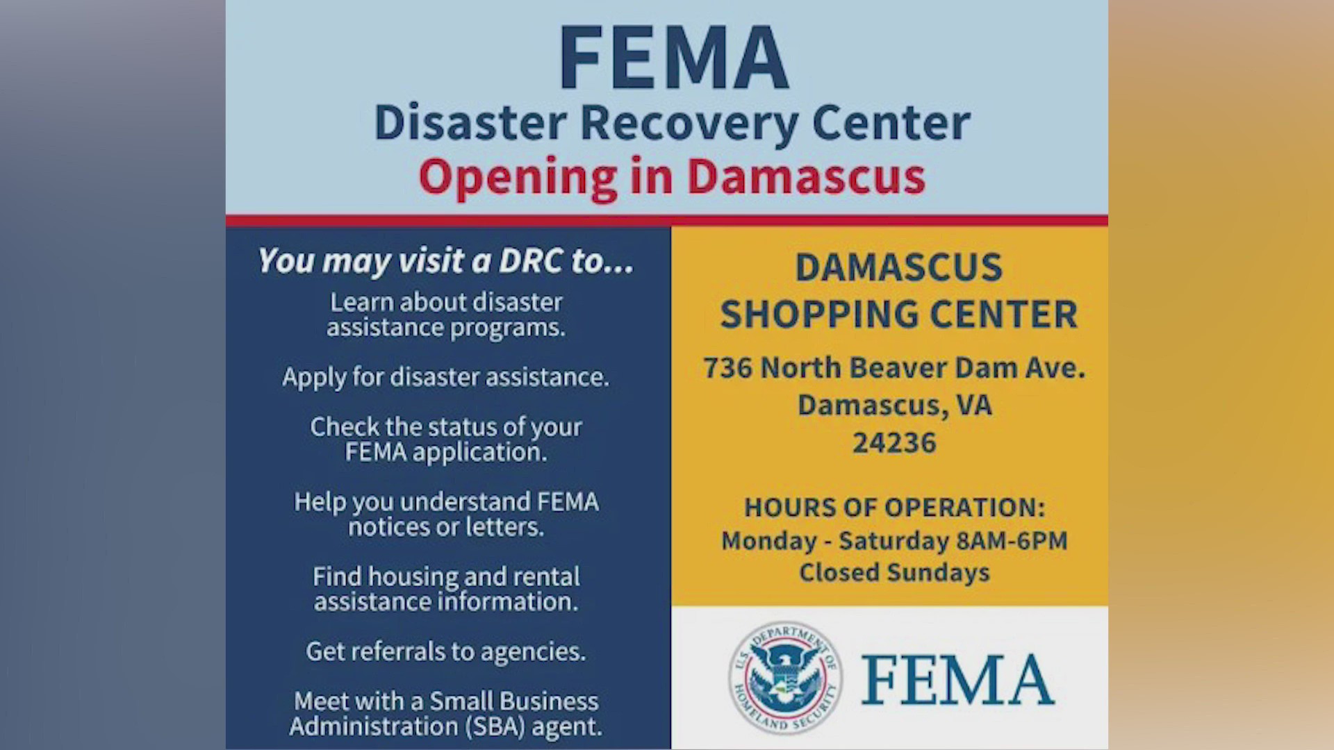 Disaster Recovery Center opening in Damascus, Va. – WJHL | Tri-Cities ...