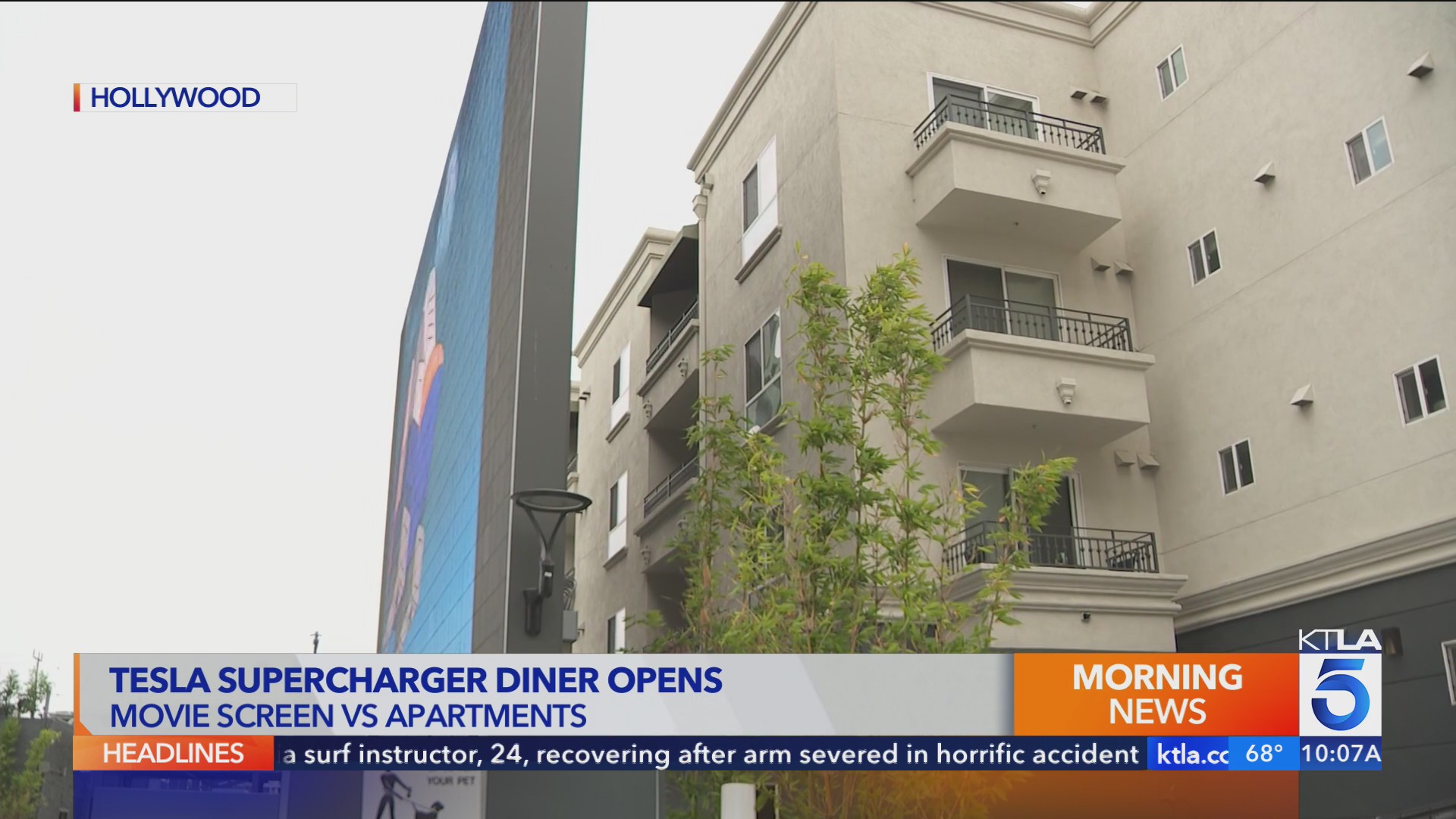 Tesla’s Diner movie screen erected in front of apartment balconies – KTLA