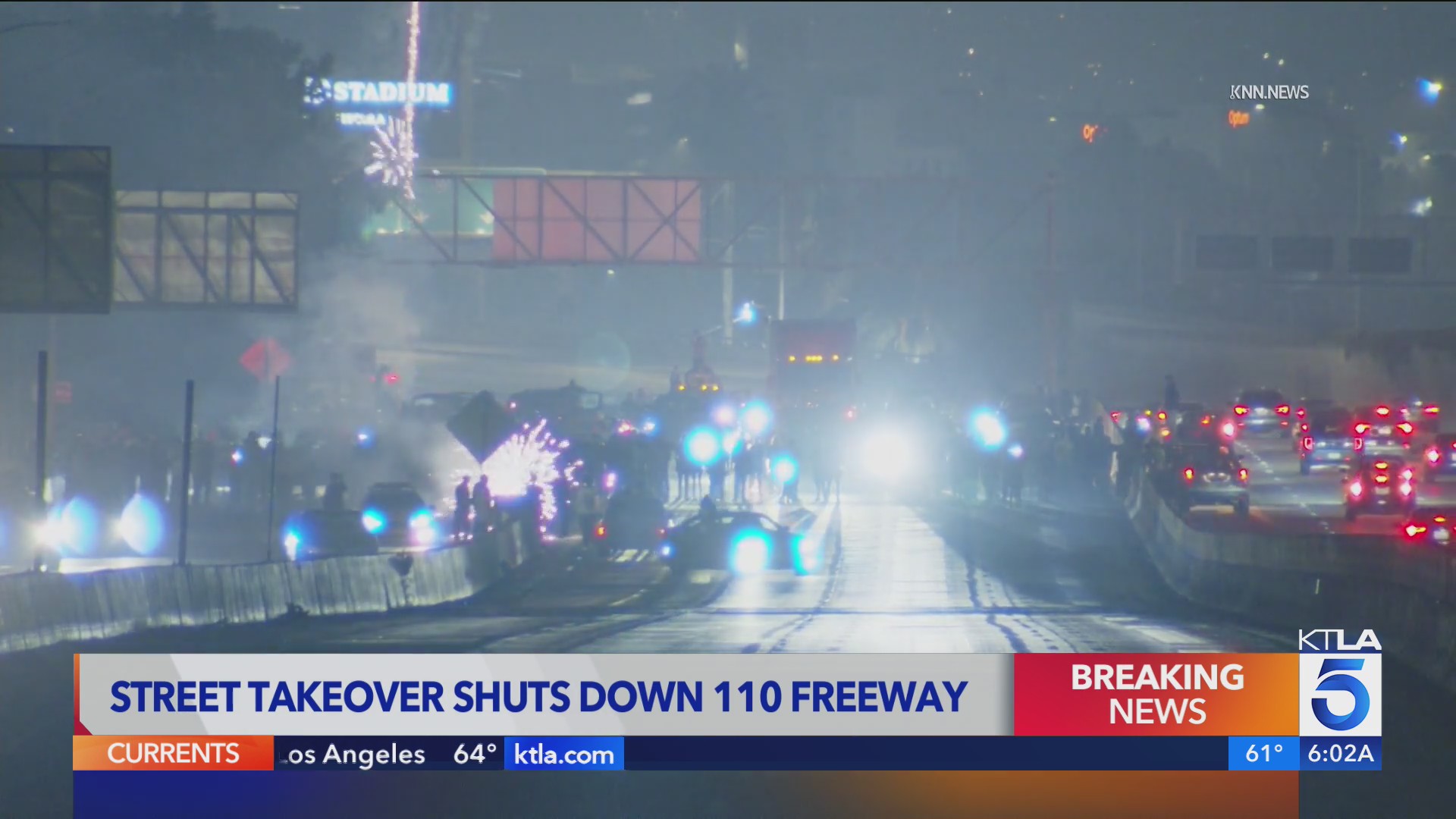 Fireworks launched during street takeover on 110 Freeway in Los Angeles ...