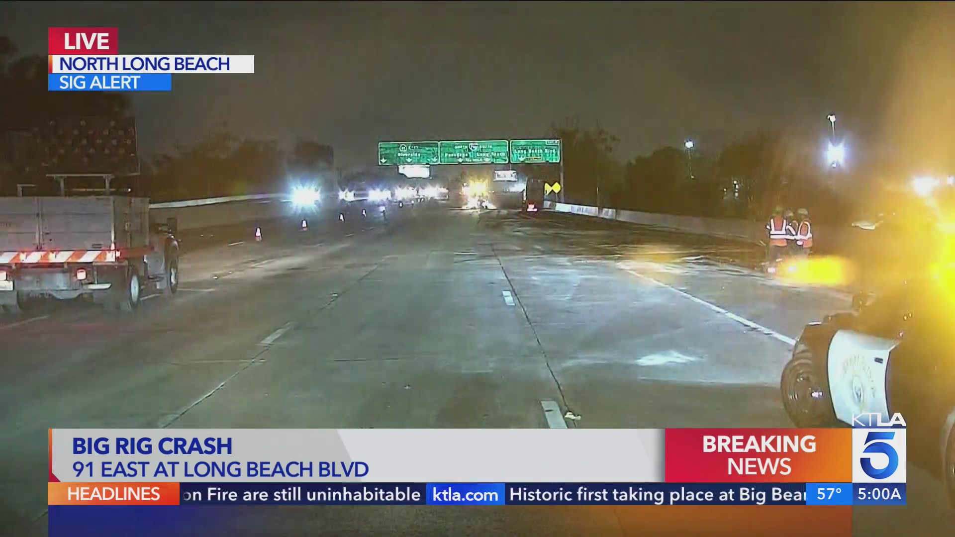 Jackknifed big rig catches fire, closes lanes on 91 Freeway – KTLA