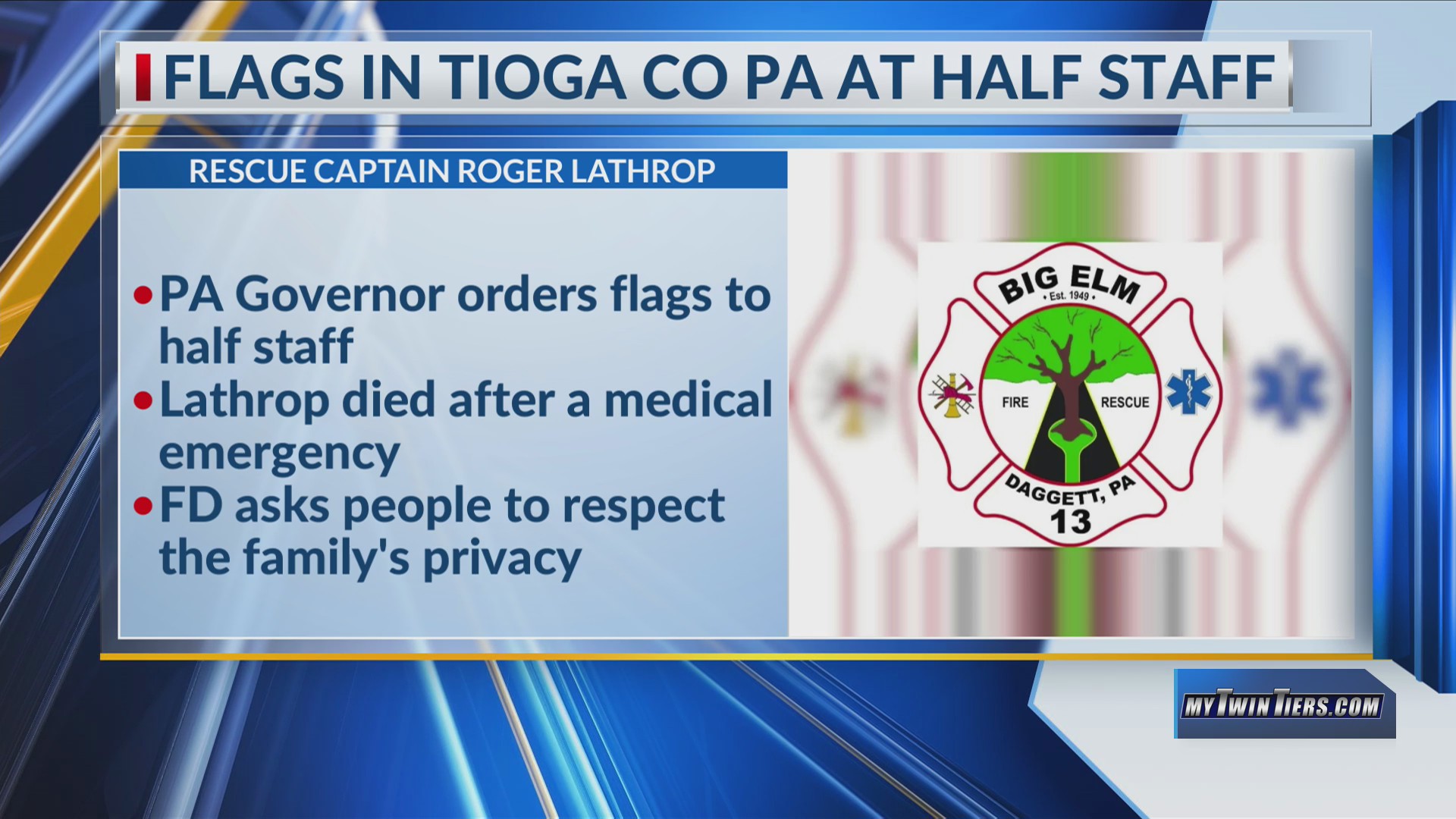 Flags in Tioga County PA to be at half-staff in honor of fallen Big Elm ...