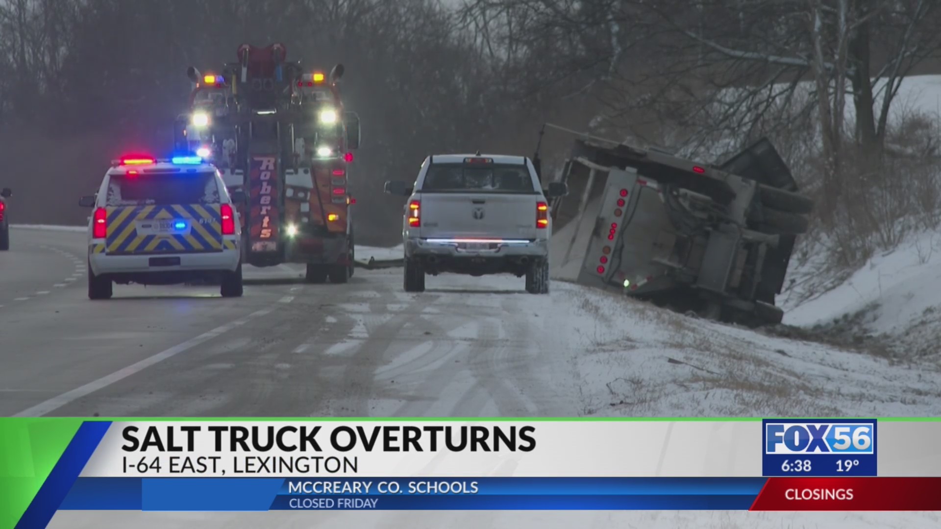 I-64 East reopened in Lexington after salt truck lands on its side – FOX 56 News