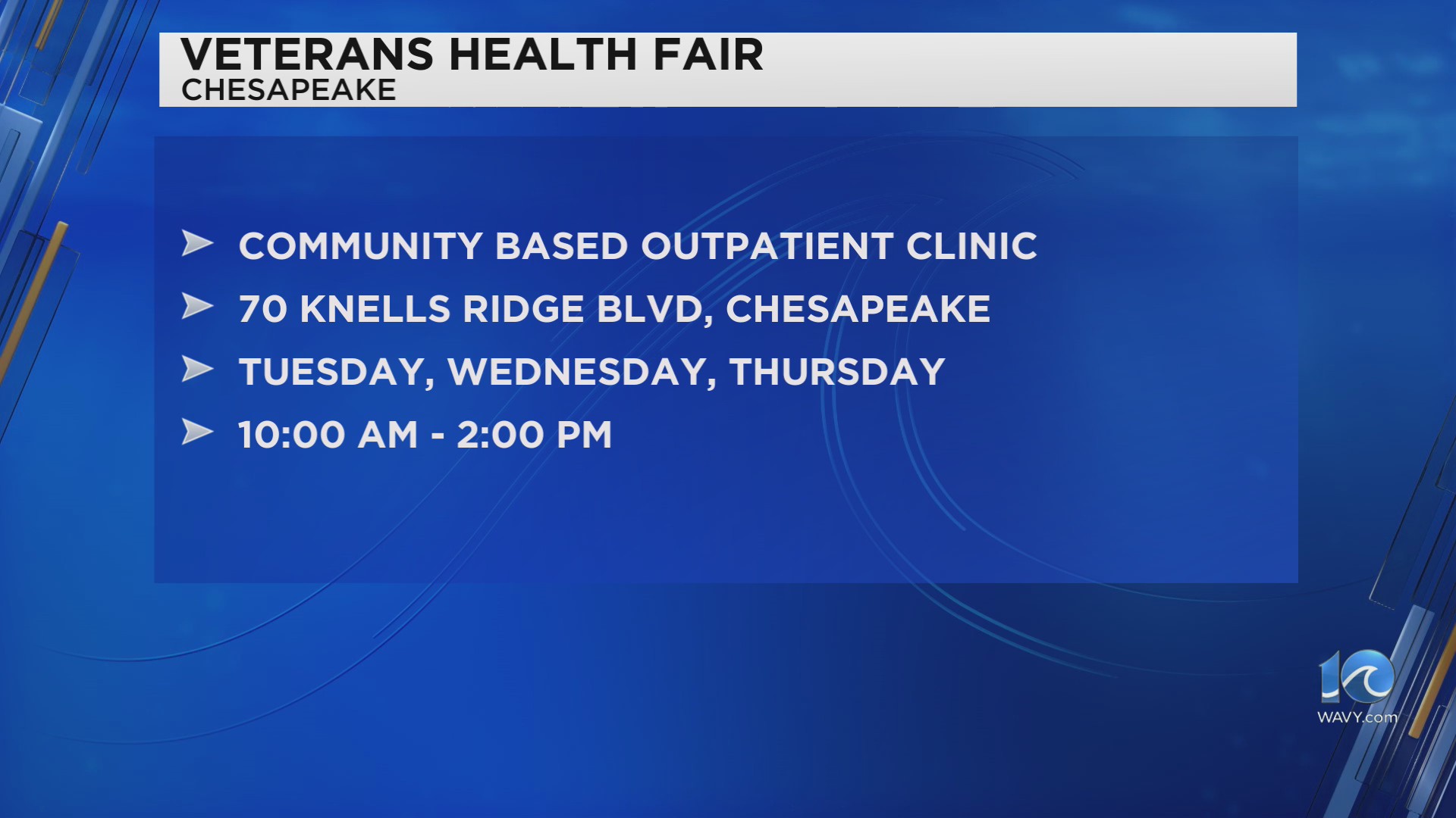 Veterans Health Fair held in Chesapeake Aug. 12-14 – WAVY.com