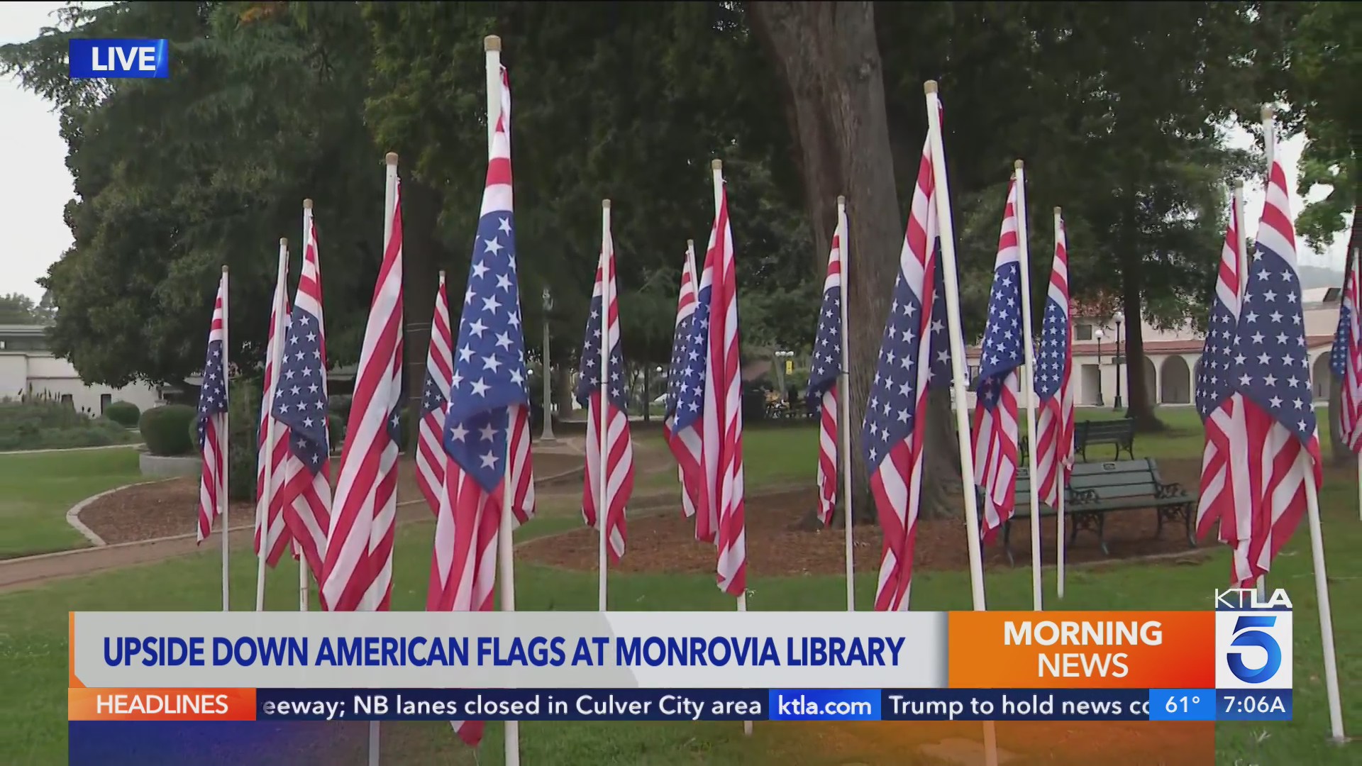 Upside-down American flags flown outside Monrovia Public Library – KTLA