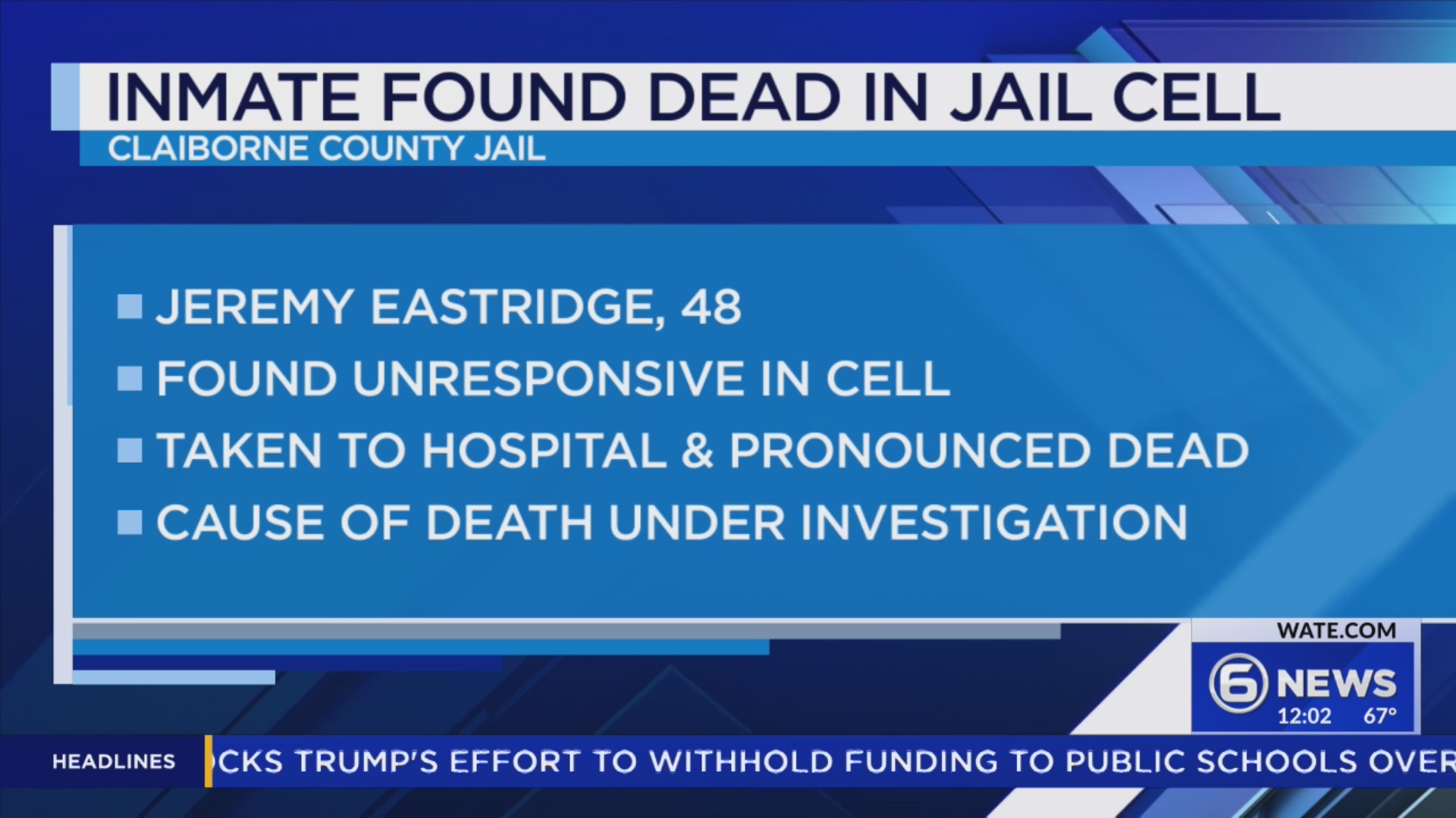 TBI investigating inmate death at Claiborne County Jail – WATE 6 On Your Side