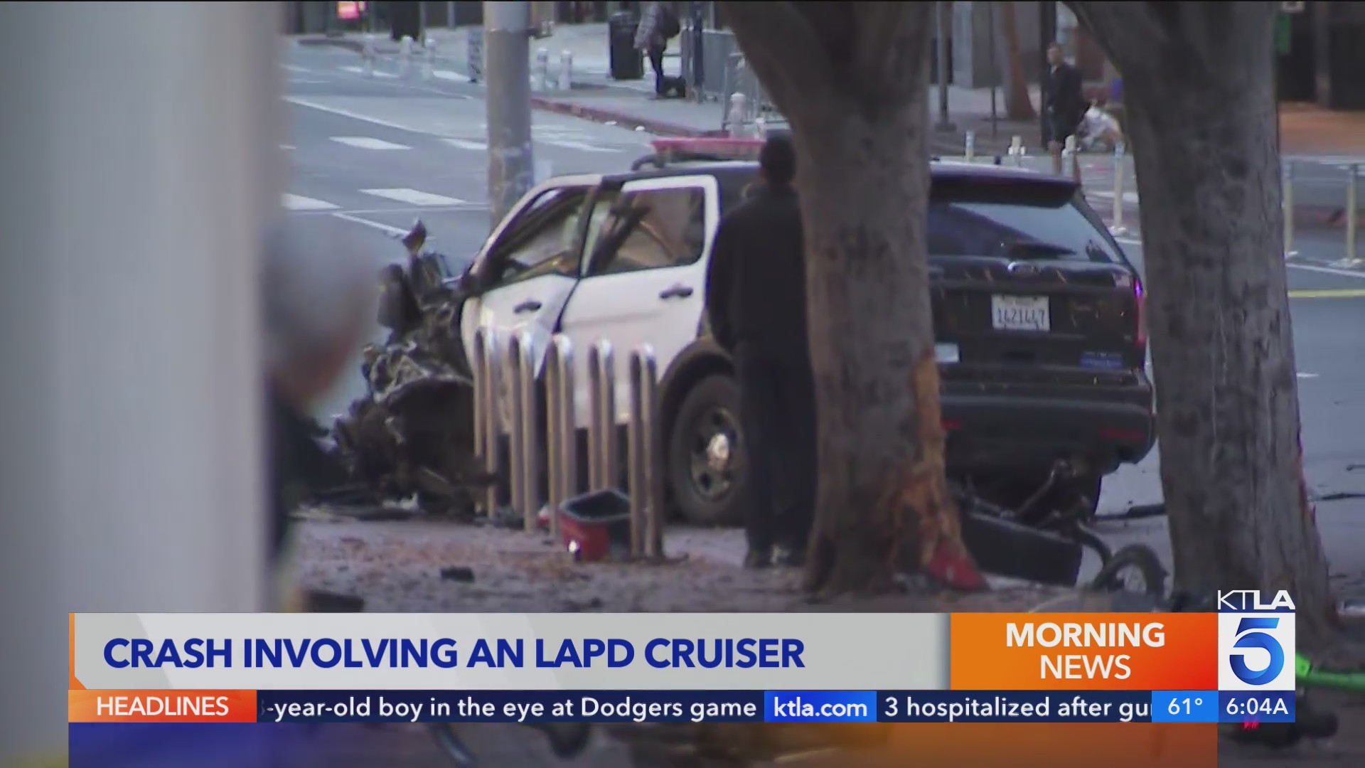 LAPD SUV, 2 other vehicles badly damaged in downtown LA – KTLA