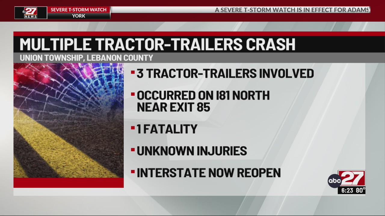 I-81 North reopens after fatal crash involving three tractor-trailers in Lebanon County – ABC27