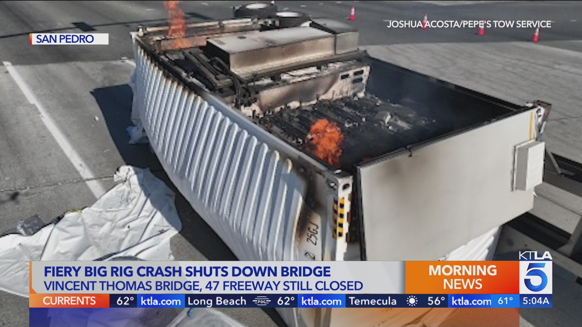 Vincent Thomas Bridge remains closed after fiery big rig crash – KTLA