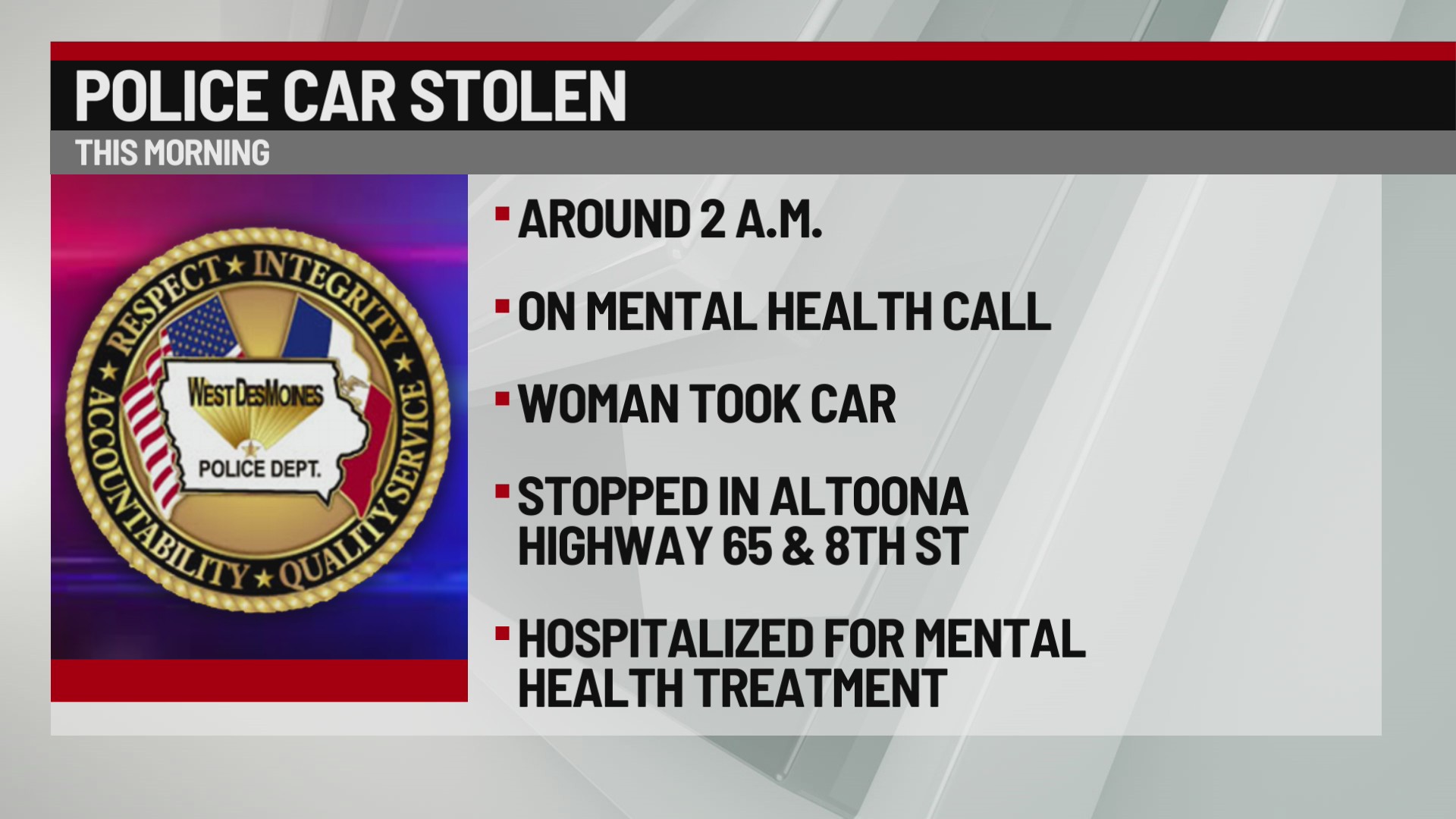 Woman led officers on 125 mph chase in stolen cop car, West Des Moines ...