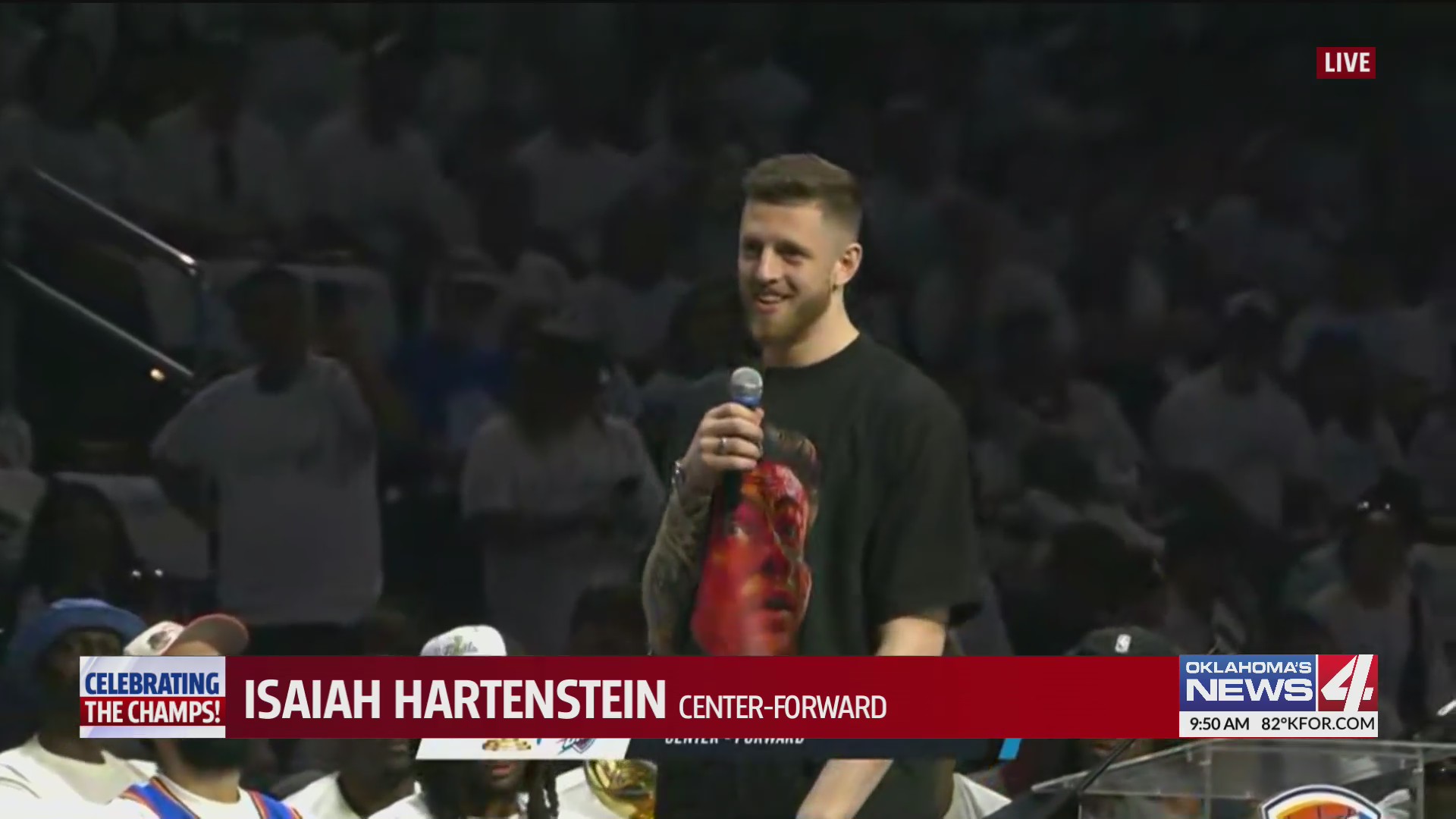 Isaiah Hartenstein speaks at the OKC Thunder Championship Celebration ...