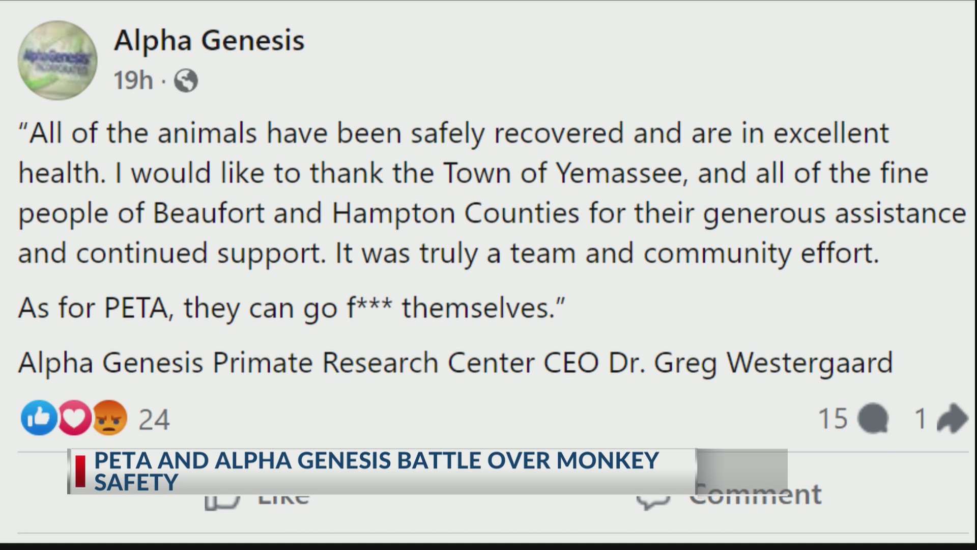 Alpha Genesis offers profane response to PETA criticism after monkey rescue – WSAV-TV