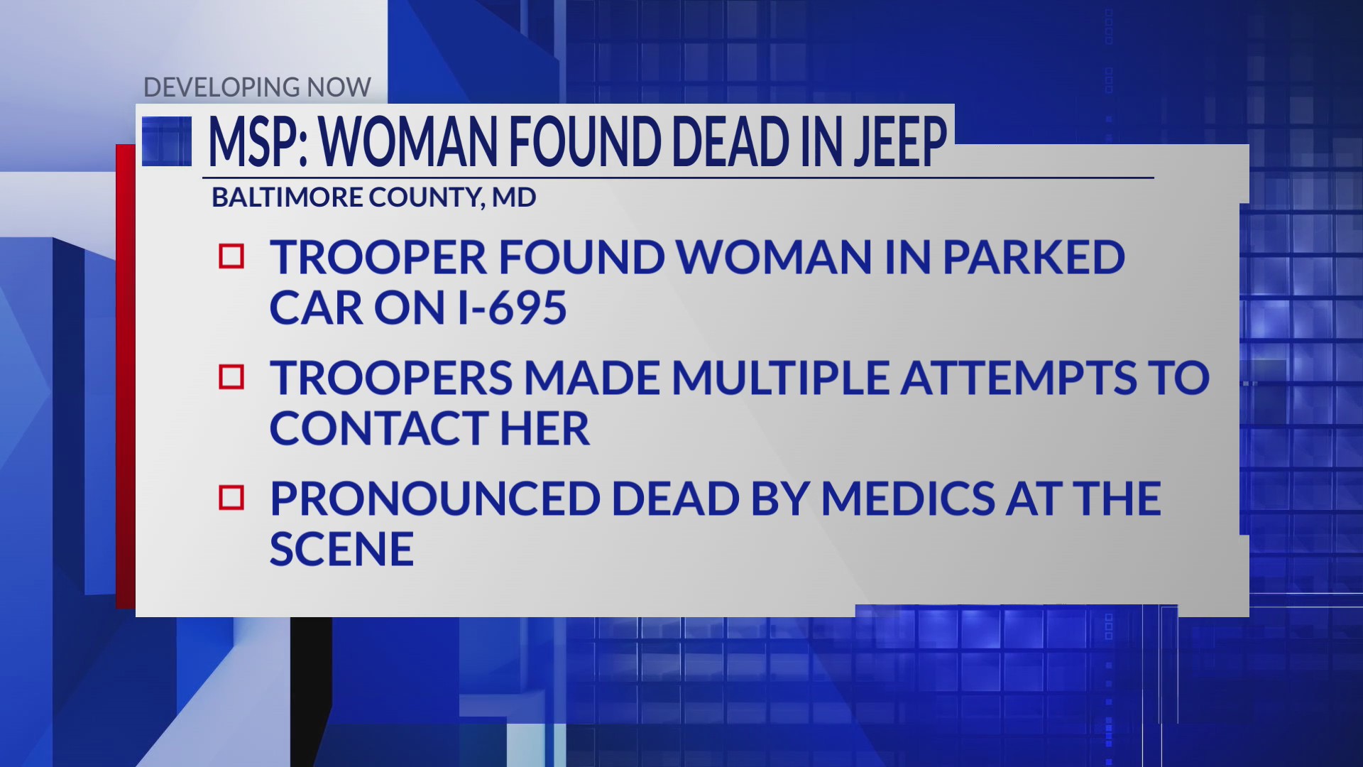 MSP: Woman Found Dead in Back Seat of Jeep on I-695 in Baltimore County ...