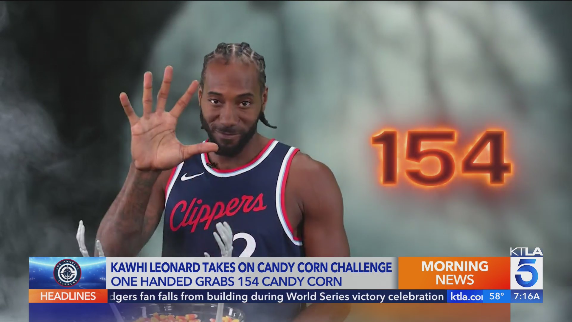 Kawhi Leonard grabs 154 candy corn with one hand – KTLA