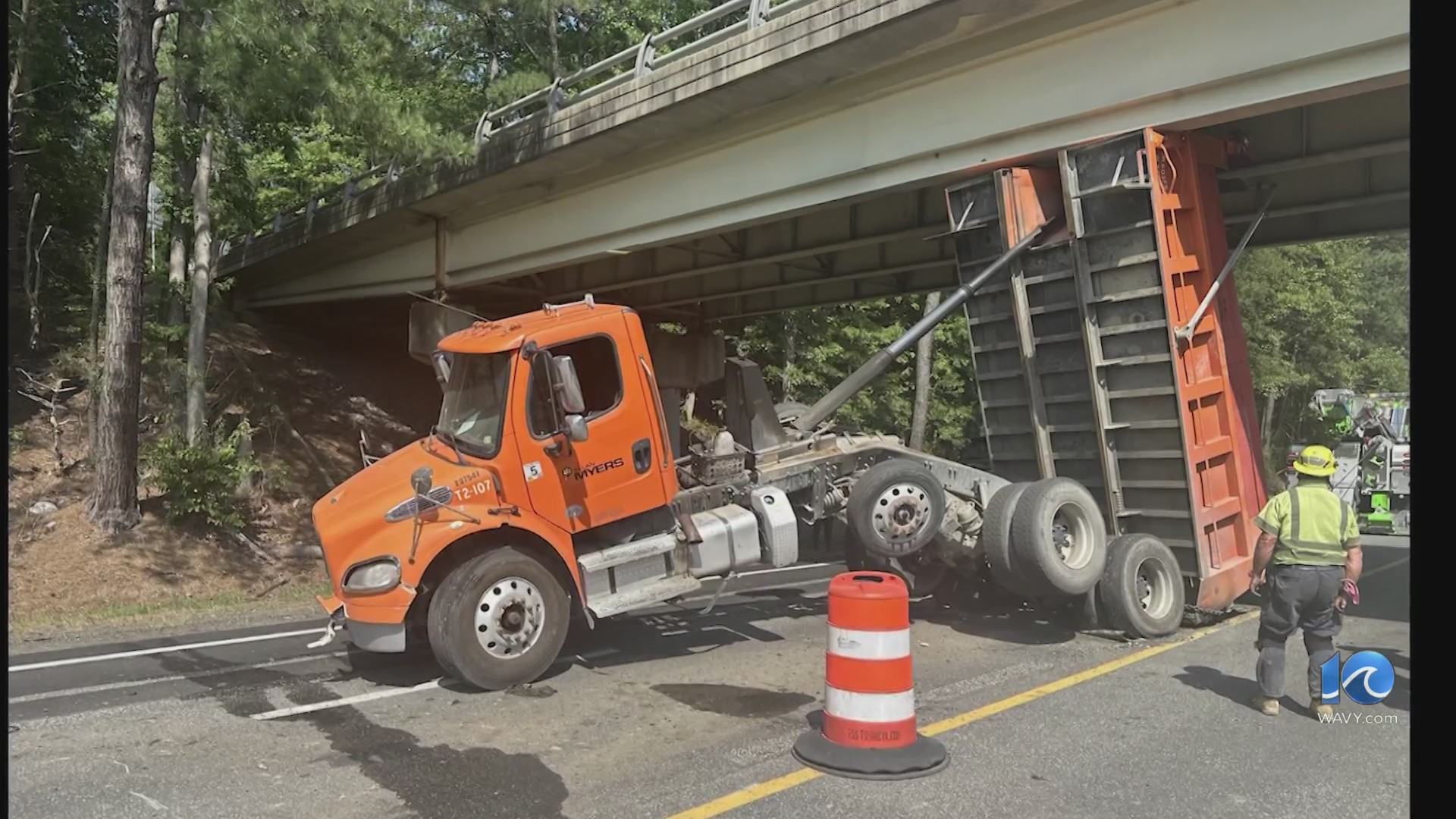 VSP: Dump truck gets stuck under I-64 overpass – WAVY.com
